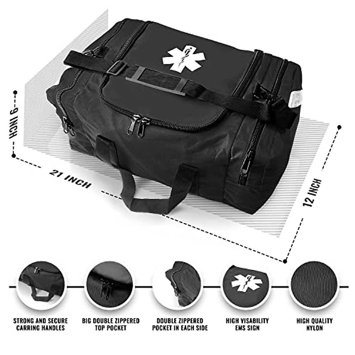 ASA TECHMED Large EMT First Responder Trauma Medical Bag Empty for Home 21x12x9 Inches, Office, School, EMTs, Paramedics, First Responders, Black
