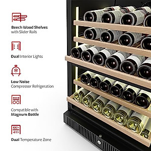 Frostronics 24 Inch Dual Zone Wine Refrigerator, 51 Bottles Under Counter Built-In or Freestanding Wine Cellar, Wine Cooler with Quiet Compressor Cooling and Reversible Glass Door, Fits Large Bottle