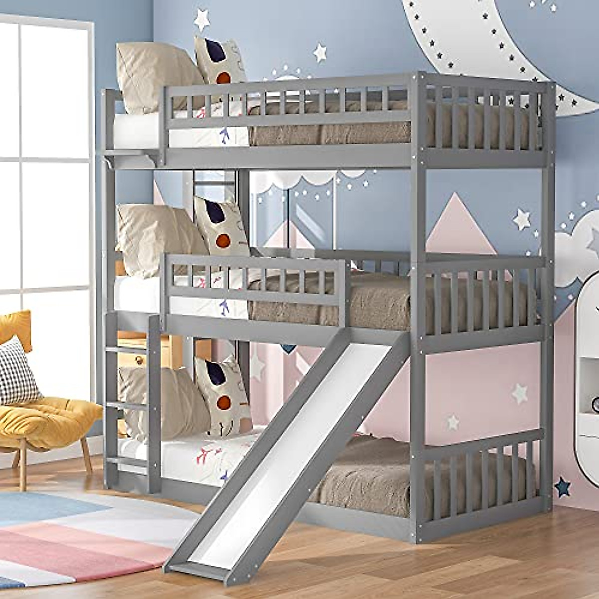 Wood Twin Triple Bunk Bed, Kids Triple Floor Bunk Beds with Slide, 3 Bunk Beds Twin Over Twin Over Twin Size, Converted Bunk Beds. Grey