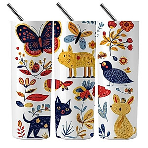 Tumbler with Lid and Straw Abstract Flora and Fauna Print thermos coffee travel mugcute cups 20 oz insulated tumbler for Daily Holiday Decor Gift coffee cup