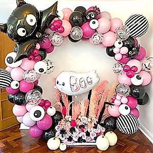 129 Pcs Halloween Balloon Arch Garland Kit with Pink Black Rose Red Balloons Bat Spider Foil Balloons and Boo Themed Backdrop for Girl Birthday Party Halloween Party Decorations