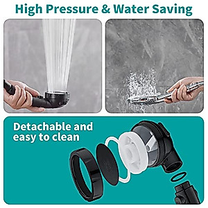MIAOHUI Modern Handheld Shower Head with On/Off Switch, 3 Spray Settings, Removable Shower Head with Hose, Angle Adjustable Shower Bracket, Teflon Tape, Black