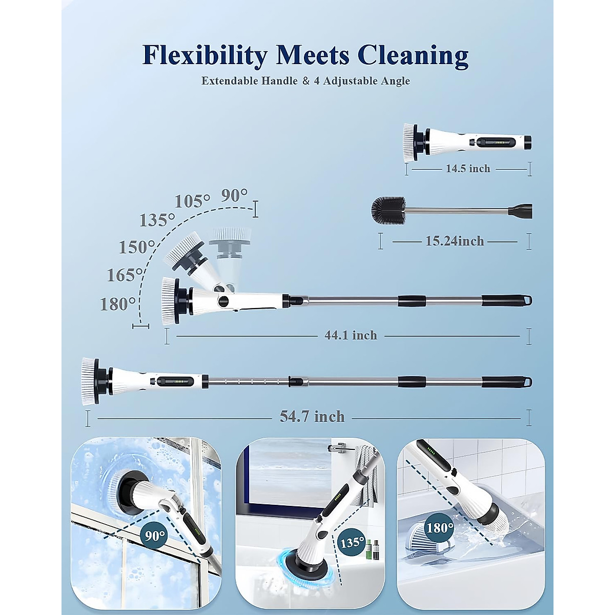 LOSUY Electric Spin Scrubber, 2024 New Cordless Cleaning Brush with 8 Replaceable Brush Heads, 2 Adjustable Speeds and 3 Extension Handle, Power Shower Scrubber for Bathroom, Floor, Tile, Tub