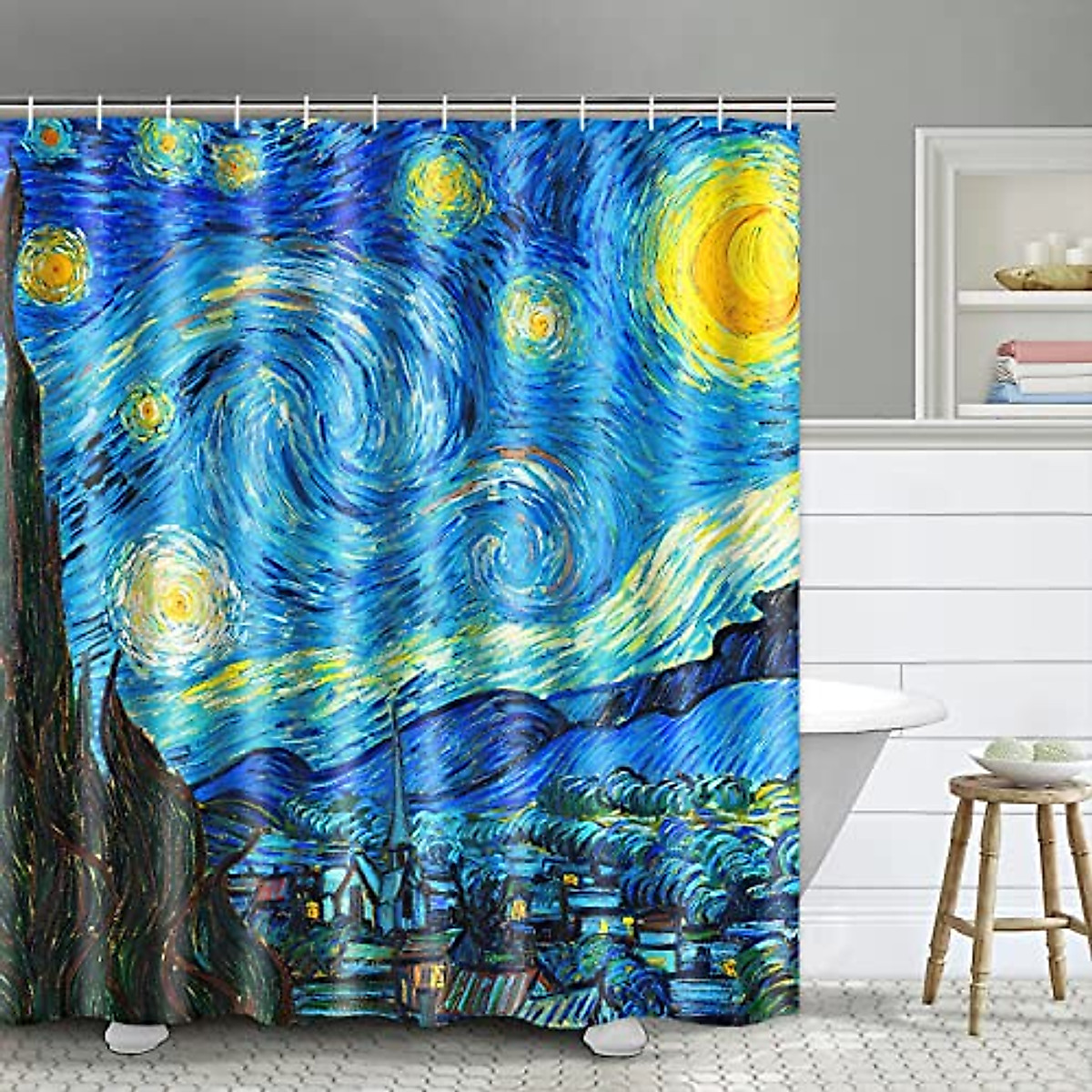 Ikfashoni 4 Pcs Starry Night Shower Curtain Set with Non-Slip Rugs, Toilet Lid Cover and Bath Mat, Van Gogh Abstract Art Shower Curtain with 12 Hooks, Blue Oil Painting Shower Curtains for Bathroom