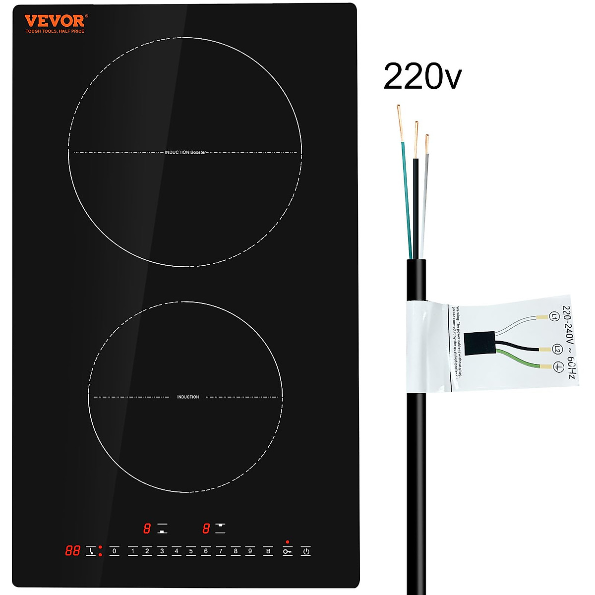 VEVOR Electric Cooktop, 2 Burners, 12'' Induction Stove Top, Built-in Magnetic Cooktop 3000W, 9 Heating Level Multifunctional Burner, LED Touch Screen w/Child Lock & Over-Temperature Protection