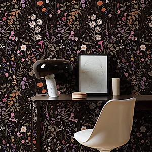 Wallpaper Self-Adhesive Blooming Vintage Colourful Flowers WallPaper for Bedroom Living Room Cabinet, Peel and Stick Beige Sketch Little Flowers Wallpaper Mural 14.2 sq. feet (118.1"x17.3", Black)