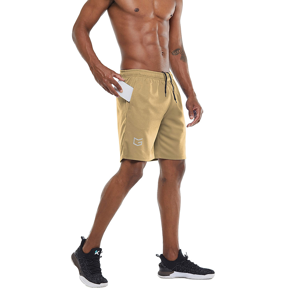G Gradual Men's 7" Workout Running Shorts Quick Dry Lightweight Gym Shorts with Zip Pockets (Light Khaki Large)