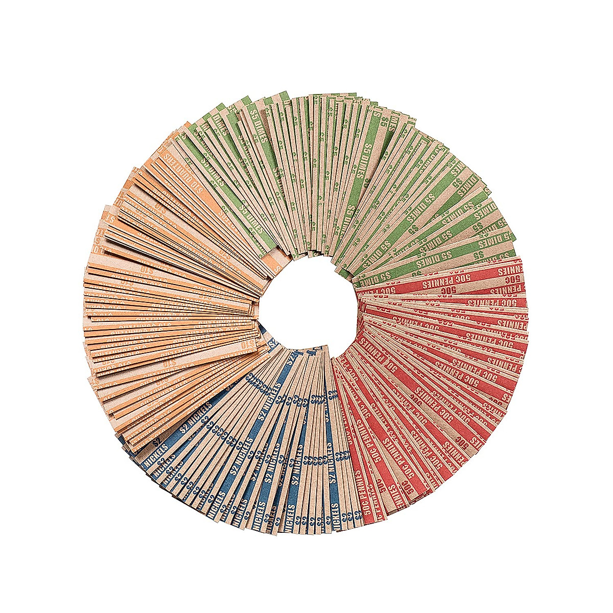 Coin Wrappers Assorted 500 Flat Stripped Coin Roll Wrappers for All Coins Including 200 Quarter Wrappers and 100 Each of Penny, Nickel, Dime Wrappers