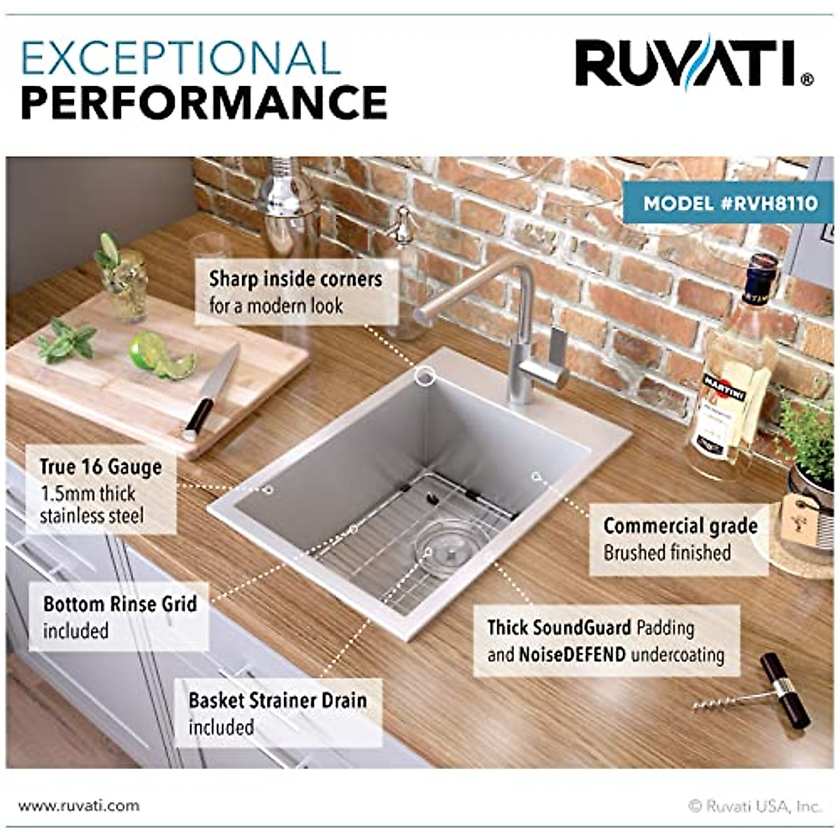Ruvati 15 x 20 inch Drop-in Topmount Bar Prep Sink 16 Gauge Stainless Steel Single Bowl - RVH8110