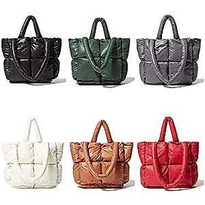 Puffer Tote Bag, Trendy Luxury Chic Quilted Cotton Padded Designer Handbags for Women, Winter Soft Puffer Shoulder Bag. BLACK