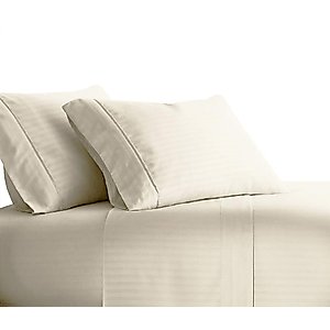 Royal Tradition Striped 300 Thread Count, 100 Percent Cotton 4PC Queen Bed Sheets Set with Deep Pockets, Ivory