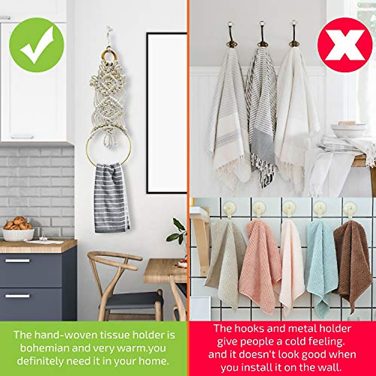 GLORD Eco-Conscious Boho Macrame Towel Holder - Decorative Hanging Storage for Kitchen, Bedroom, Bathroom, Living Room - Bohemian-Style Aesthetic Decor - 6-Inch Gold-Colored Loop & Wood Hanger Ring