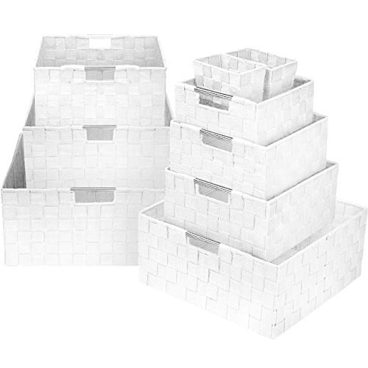 Sorbus Storage Box Woven Basket Bin Container Tote Cube Organizer Set Stackable Storage Basket Woven Strap Shelf Organizer Built-In Carry Handles (White)