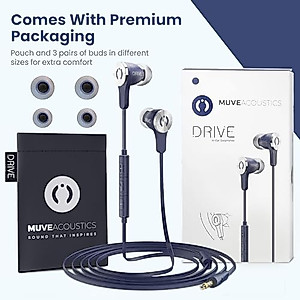 MuveAcoustics Drive Premium Headphones Wired Earbuds with Microphone, Best for Computer Gaming Android Phones Corded Earphones with mic, Airplane Travel Case Ear Buds Plug in 3.5mm cord, Flagship Blue