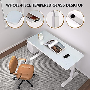 ERGOMORE Glass Standing Desk with Drawers, 45 x 23 inch Touch Control Adjustable Height Desk with Power Outlet, USB Ports & Wireless Charging, Dual Motor Sit Stand up Desk for Home & Office (White)