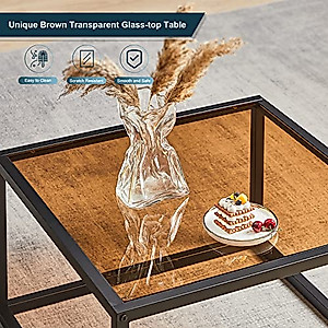 SAYGOER Glass Coffee Table Modern Coffee Tables Simple Square Center Table for Living Room Home Office Tempered Glass-top with Sturdy Metal Frame 26.7 x 26.7 x 15.7 Inches Easy Assembly, Brown Glass