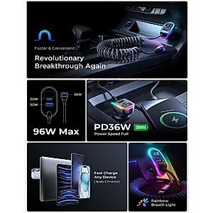 LISEN USB C 96W Super Fast Car Charger PD& QC3.0 with 5.3ft 36W Type C Coiled Cable,Car Phone Charger Adapter for iPhone 15 Pro Max Plus, Samsung Galaxy S24/S23/S22,Android, iPad Pro