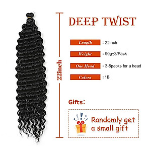 Deep wavy Crochet Hair Long Curly Crochet Hair for Women 22inch Ocean wave braiding hair Deep Twist Crochet Braids Synthetic Braiding Hair Extensions(22 inch, 1B)
