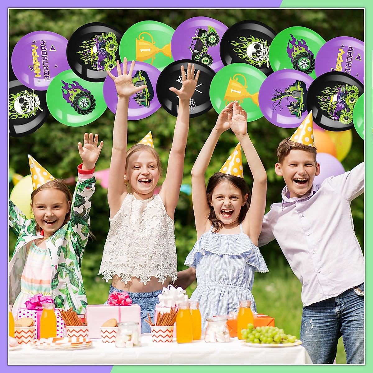 Silipull 54 Pcs Truck Balloons Birthday Party Decoration Truck Birthday Party Supplies 12 Inch Green and Purple Balloons Kit Race Car Decorations Latex Balloons for Truck Theme Birthday Baby Shower