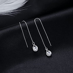Reffeer Solid 925 Sterling Silver CZ Droplet Chain Dangle Earrings for Women Teen Girls Tassel Dangle Earrings Threader (A-Silver)