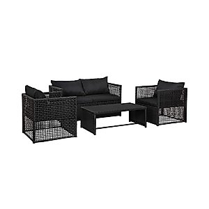 WO Outdoor Wicker Rattan Furniture 4 PCS Set Black Woven Table Chairs Set w Cushions & Back Support Pillows Coffee Table Seats 4 Black