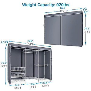 VIPEK V10C Plus Portable Closet Heavy Duty Clothes Rack with Slid Basket, Covered Wardrobe Closet, Adjustable Closet Storage Rack, White Clothing Rack with Grey Oxford Fabric Cover 86.6"Lx17.3Wx76.4 H