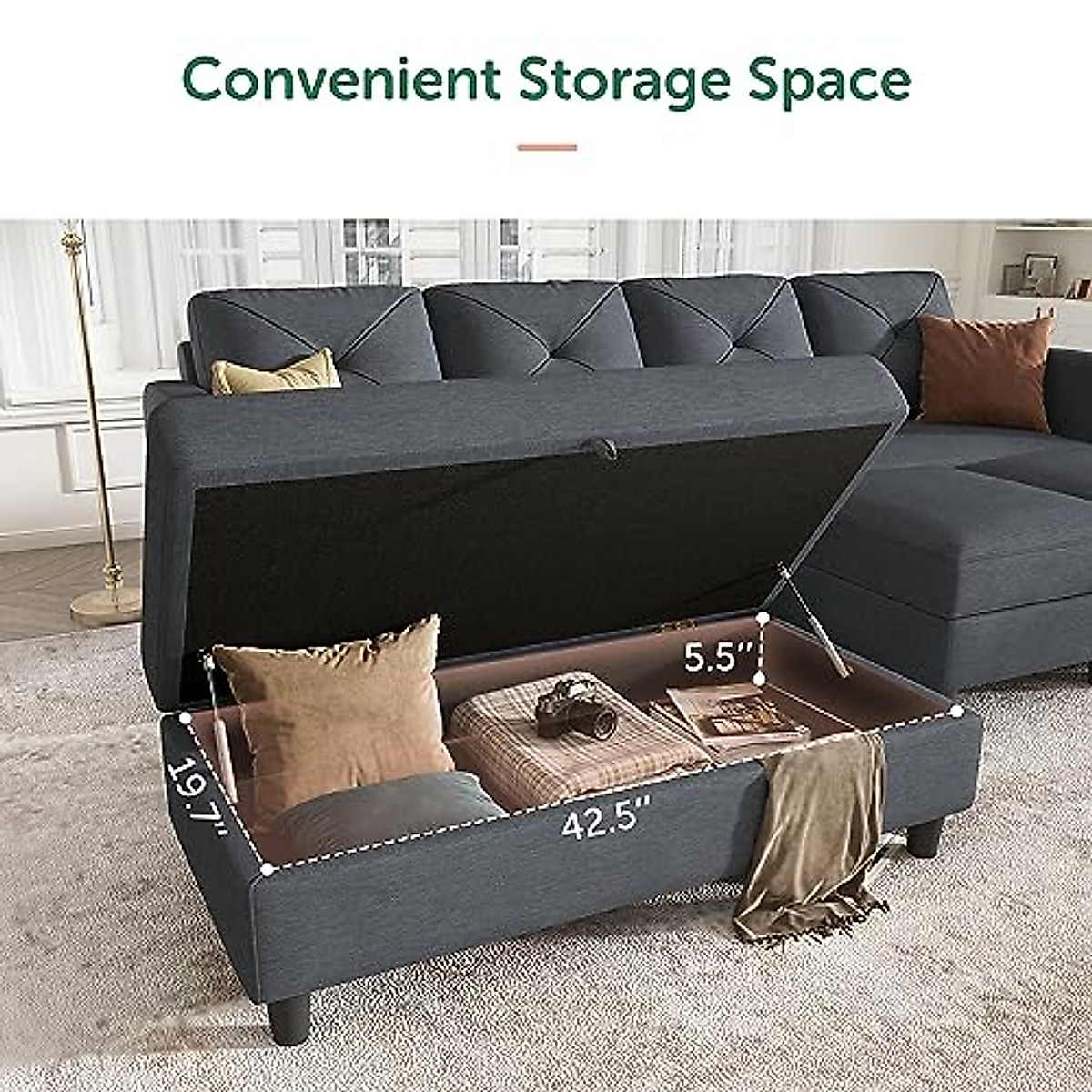 HONBAY Sectional Sleeper Sofa U Shaped Couch with Storage Ottoman for Living Room, Bluish Grey