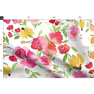 Spoonflower Fabric - Watercolor Floral Red Green Pink Jumbo Large Spring Summer Blackeyed Printed on Polartec(R) Fleece Fabric by The Yard - Sewing Blankets Loungewear and No-Sew