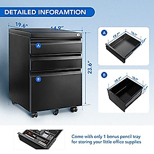 FLEXISPOT 3 Drawer File Cabinet for Home Office,Metal Mobile Filing Cabinet Under Desk Storage with Lock Keys,File Organizer Cabinet for Legal/Letter/A4 File,Fully Assembled Except Wheels,Black