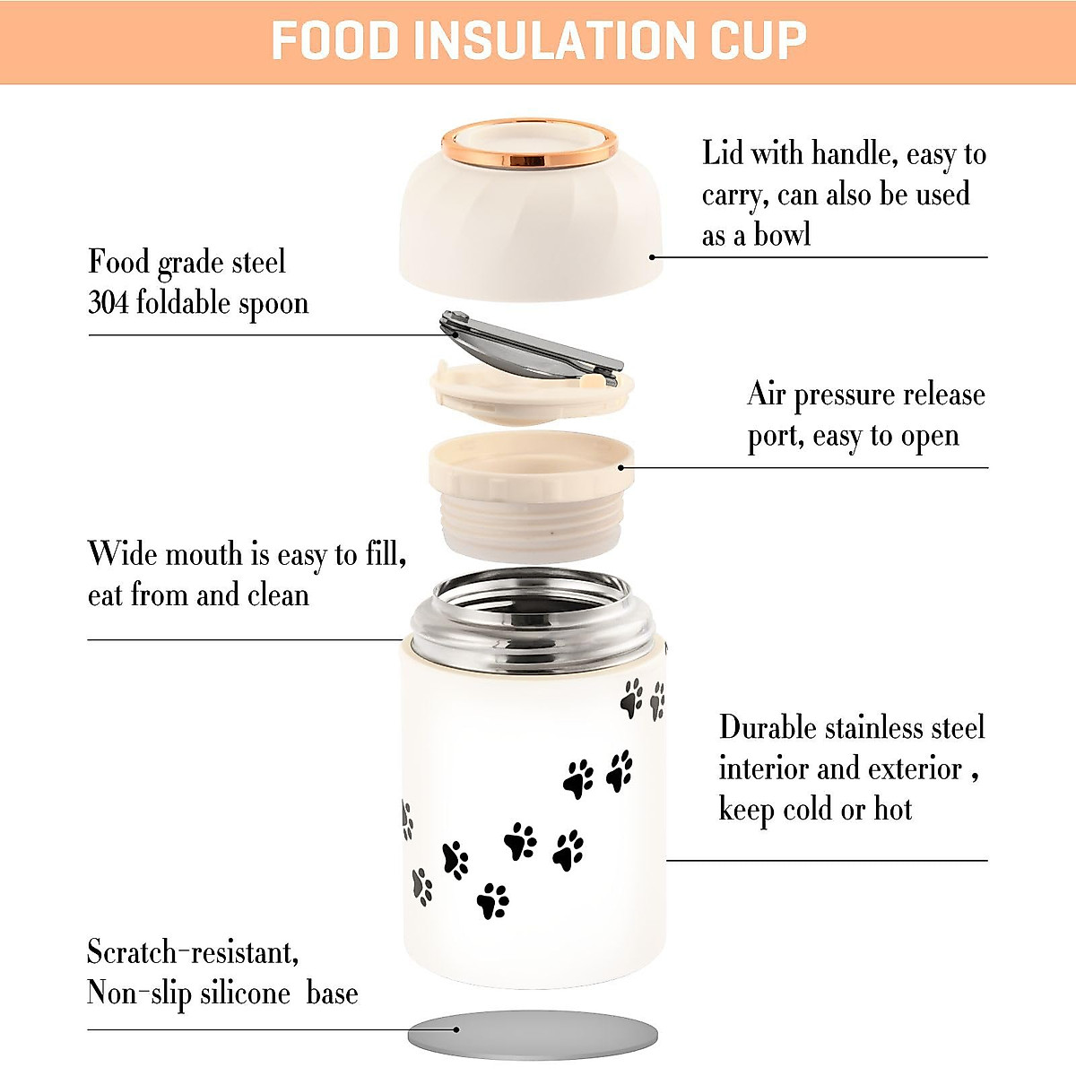 CUPADA Cat Claw Footprint Food Jar for Hot and Cold, Dog Paw Insulated Food Jars Vacuum 17OZ with Folding Spoon for Work Trip Picnic Camping
