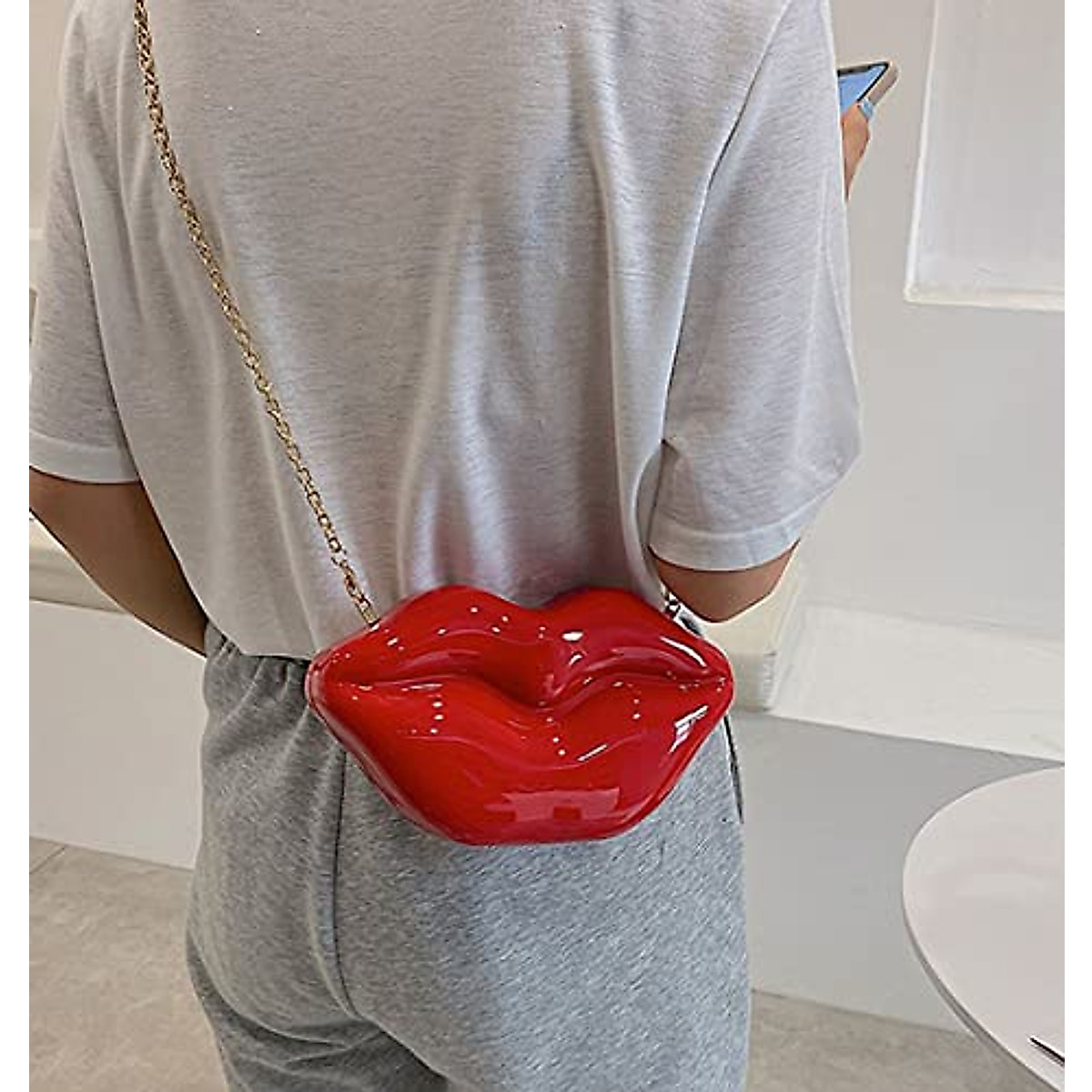 QZUnique Lips Evening Clutch Purse, Acrylic Banquet Handbags, Chain Gold/Silver/Bronze Women Fashion Crossbody Shoulder Bag