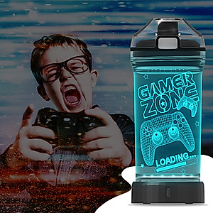 YuanDian Gamer Zone Water Bottle for Boys, Controller 7 Color Lights 3D Light up Drinking Cups Gifts for Gamers Men, BPA Free & Leak Proof Flip Top Lid & Easy Clean & Carry Handle, 14oz/ 400ml