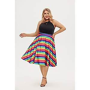 CARCOS Plus Size Skater Skirts for Women Midi Length 5X High Elastic Waist Rainbow Flowy Flattering Waistand Flare A-Line 5XL 28W