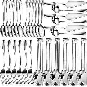 Thenshop 30 Pcs Stainless Steel Serving Utensils Set Serving Flatware Set Include Large Serving Spoons Slotted Spoons Serving Forks Soup Ladle Pie Server and Serving Tongs for Buffet Party (Silver)