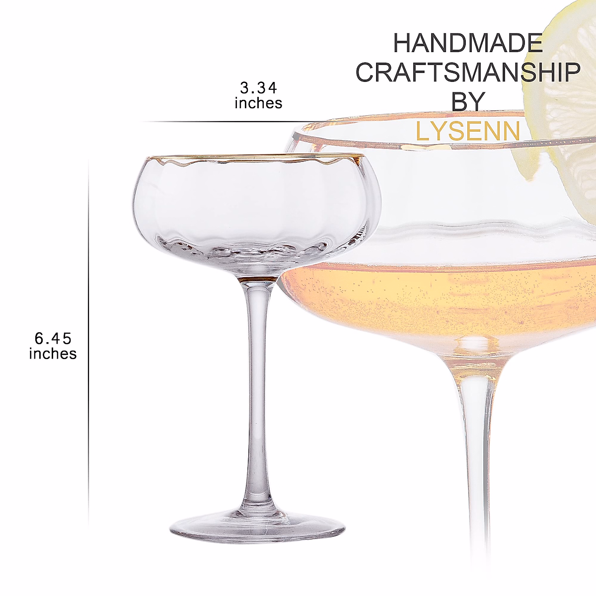 Lysenn Vintage Coupe Glasses Set of 4 - Hand Blown Gold Rim Martini Glasses - for Your Next Cocktail & Champagne Party - 9fl oz