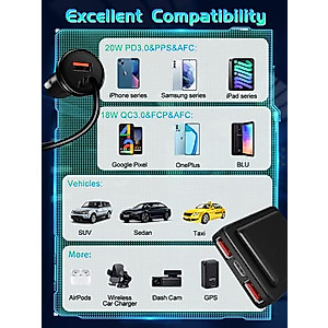 Car Charger USB C, 74W Fast USB Car Charger Adapter with PD 3.0/QC3.0 Type C Car USB Charger Multi Port with 6.3FT Cable for Front & Back Seat Fast Charging Compatible with iPhone, Samsung, IPad ect