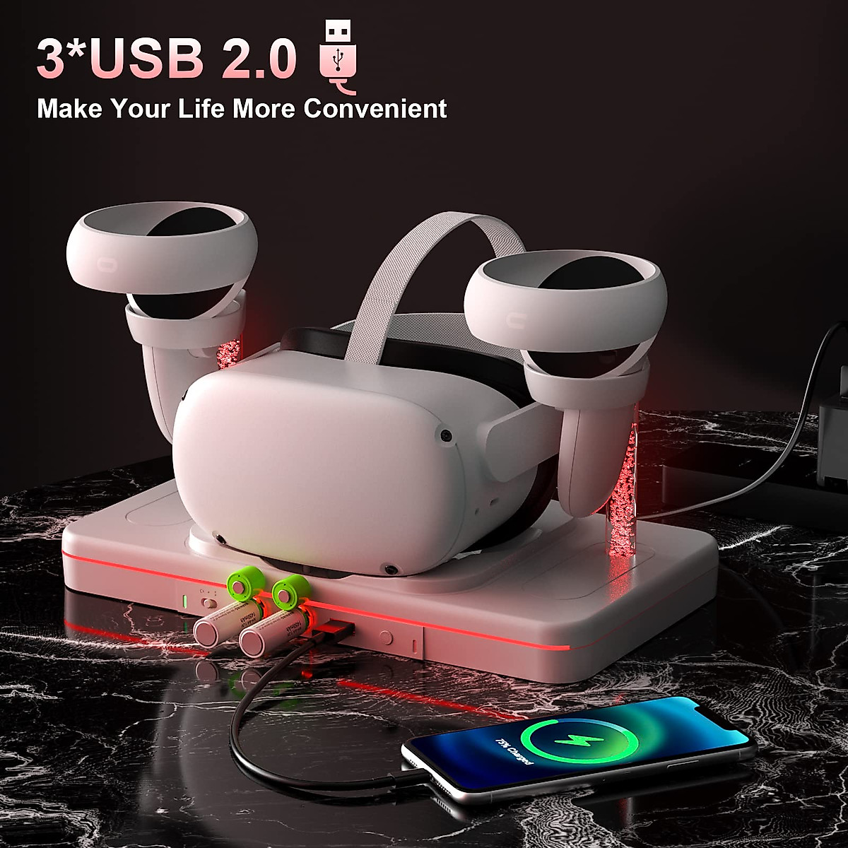 VR Charging Dock for Oculus Quest 2/Meta Quest 2, VR Accessories Charging Station with 2 Rechargeable Batteries Support Colorful Lights