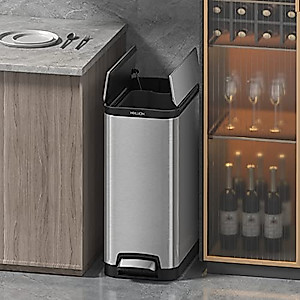 Mbillion Step Trash Can with Liner 35 Liter Butterfly Lid Open Silent Close Rectangular Stainless Steel Step-On Kitchen Garbage Can with Strong Pedal, for Home and Office, Brushed Silver