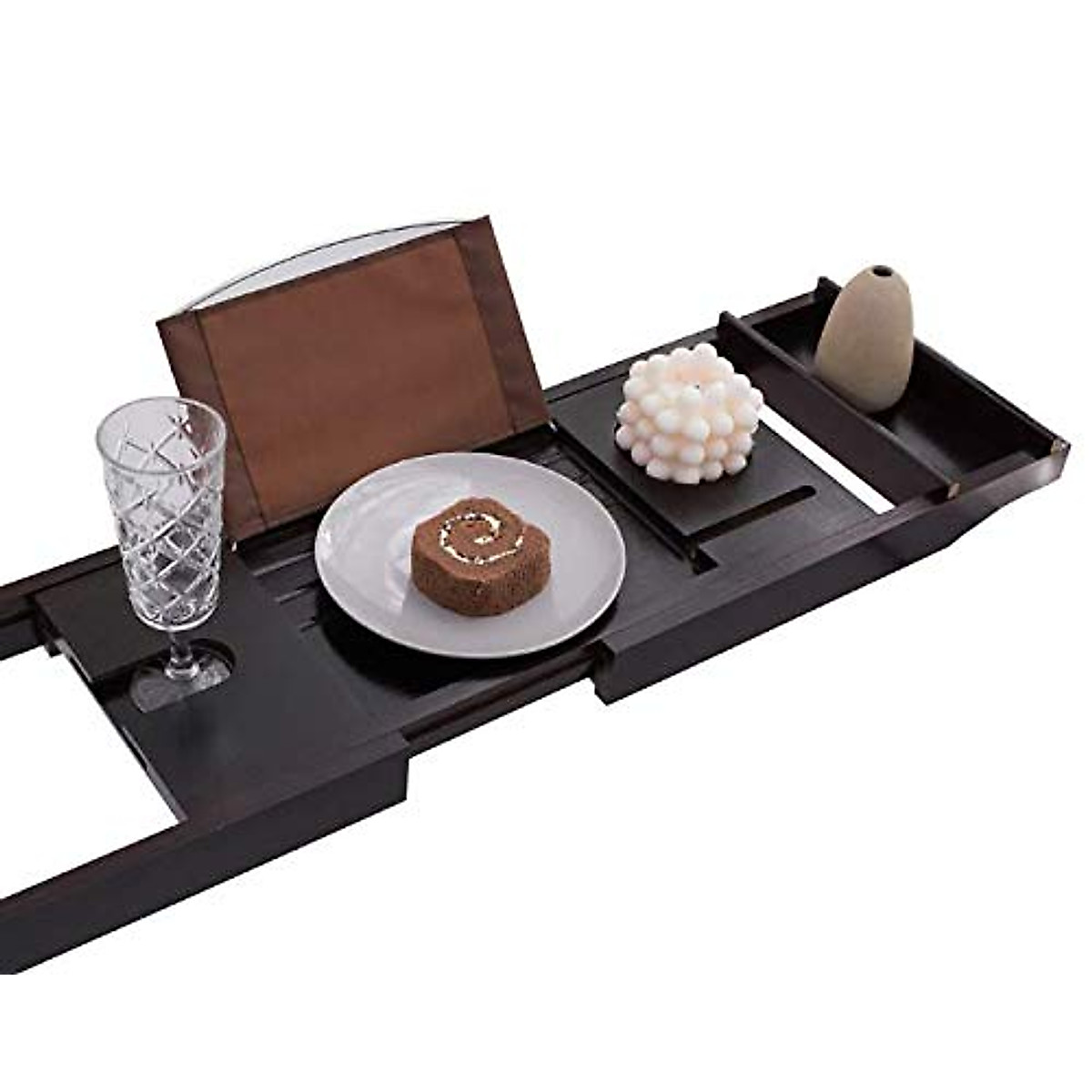 GEZITREND Luxury Bamboo Bathtub Caddy Tray Bathroom Furniture Expandable and Nonslip Bath Caddy with Book/Tablet and Wine Glass Holder Free Soap Holder Great Gift (White)