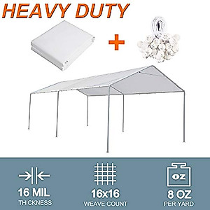 Thanaddo 10 x 20 Ft Carport Replacement Canopy Cover Garage Top Tent Shelter Tarp with Free 48 Ball Bungee Cords,White(Only Cover, Frame Not Include) (10x20 Ft, White)