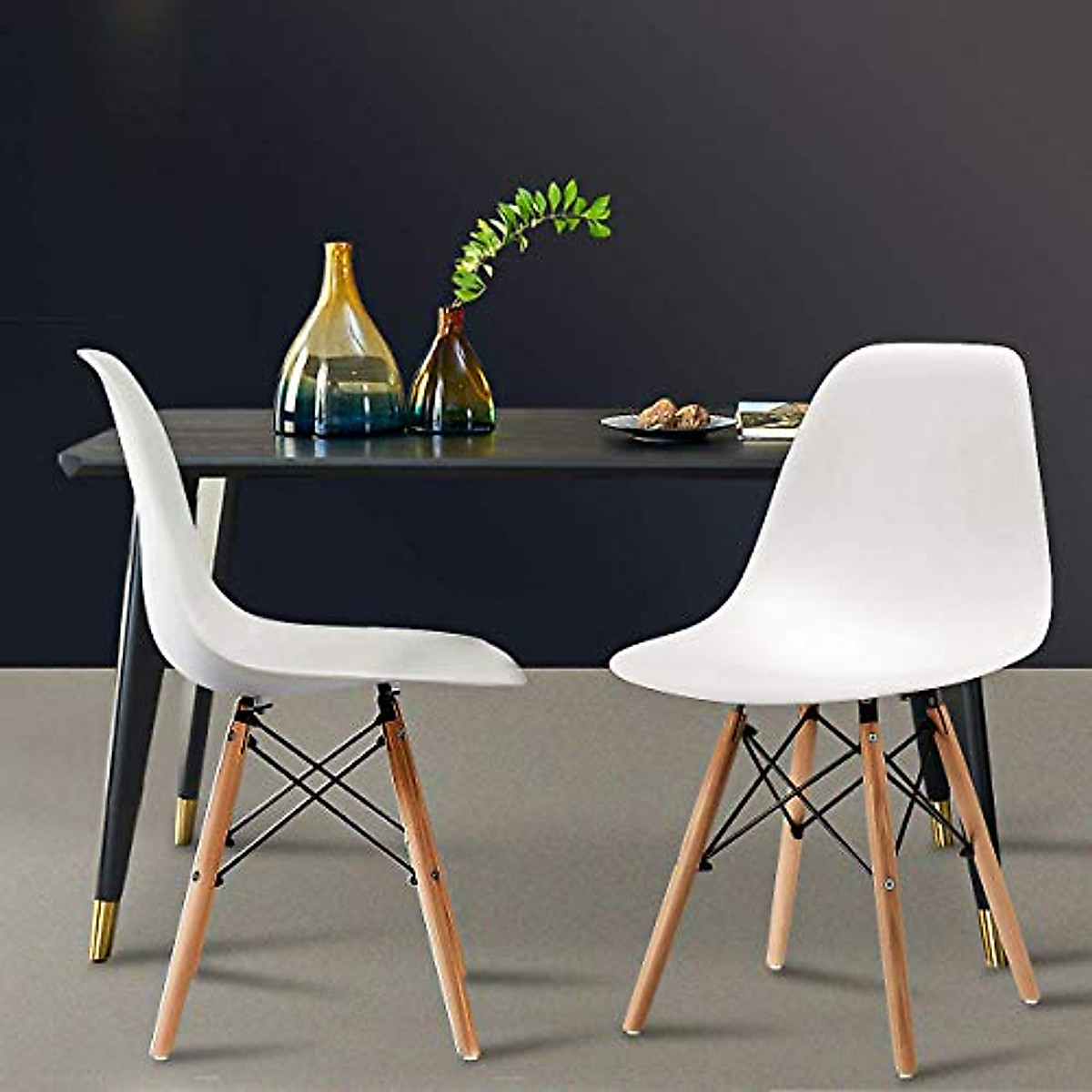 CangLong Modern Mid-Century Dining Chair Shell Lounge Plastic DSW Chair with Natural Wooden Legs for Kitchen, Dining, Bedroom, Living Room Side Chairs Set of 2, White