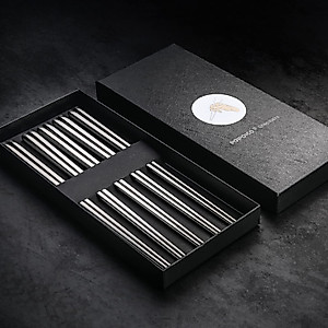 Poipoico Metal Chopsticks Reusable Stainless Steel Chopsticks Dishwasher Safe, Square,Laser Non-Slip Reusable Chop Sticks Metal For Food&Cooking All In A Gift Box(Black & 5 Pairs)