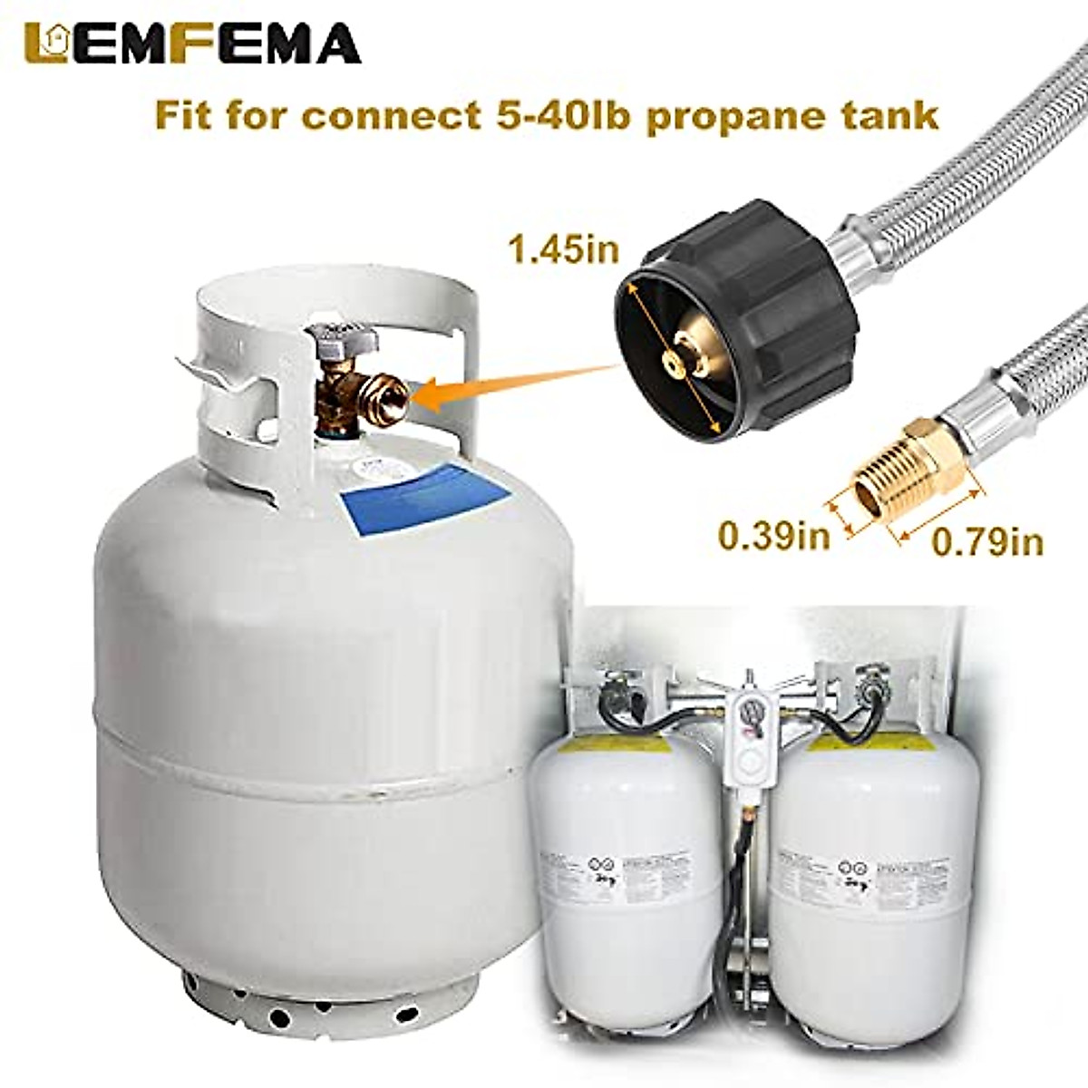 Lemfema 15 inch RV Propane Hose, 1/4" Male NPT Stainless Steel Braided Propane Hose with QCC1 for Standard 2-Stage Regulator, Include Thread Seal Tape, 2 Pack