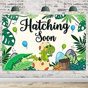 Hatching Soon Backdrop Banner Decor Green - Dinosaur Baby Shower Party Theme Decorations for Welcome Baby Gender Reveal Supplies