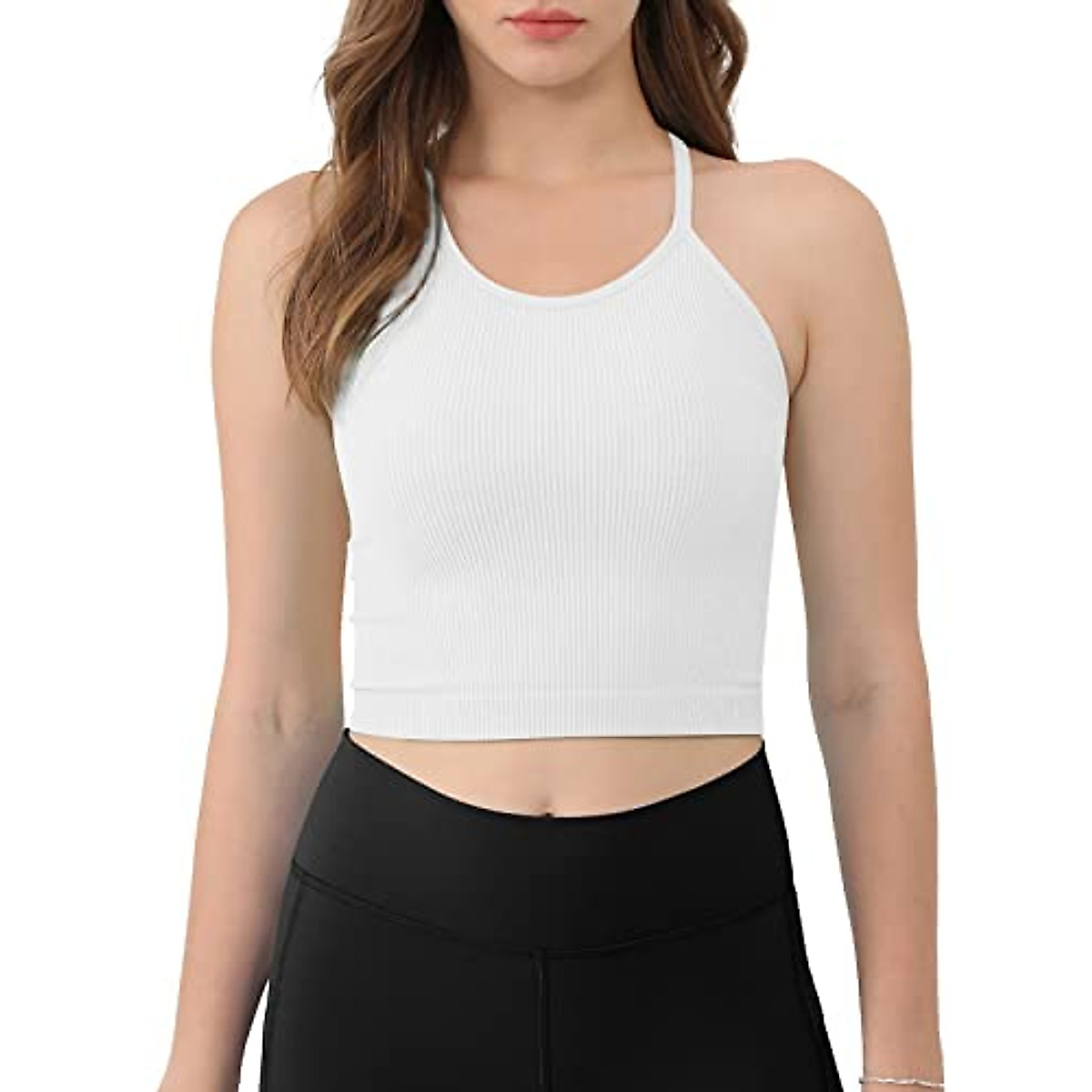 ODODOS Women's Crop Camisole 3-Pack Washed Seamless Rib-Knit Crop Tank Tops, Long Crop, White Gray Black, Medium/Large