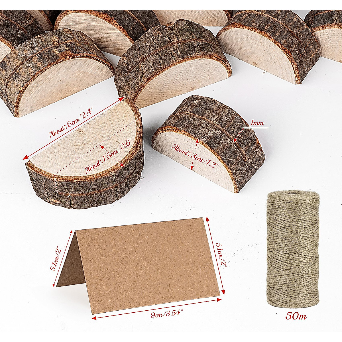 20 Premium Wood Place Card Holders, Rustic Mini Table Number Holders with 20 Kraft Table Place Cards and 50 m Natural Jute Rope, Table Sign Stand, Name Card Photo Picture Holders for Wedding Party