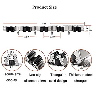 Mop Broom Holder Wall Mounted,Heavy Duty Mop and Broom Wall Mount Stainless Steel with 5 Racks 4 Hooks for Laundry Room, Home, Garage, and 1 hook Separated included （Black）