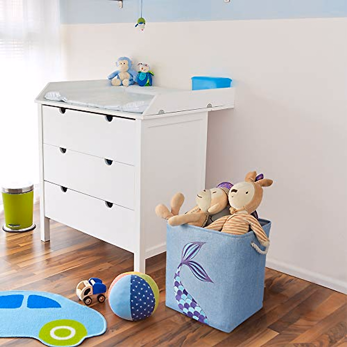 WERNNSAI Mermaid Storage Bin - 16” × 13” × 18” Linen Fabric Storage Baskets Collapsible Nursery Hampers Laundry Basket Boxes Cube Girls Baby Gift Baskets Toys Clothes Shoes Home Organizer