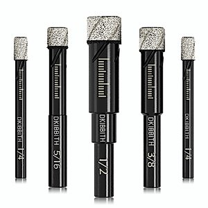 Dry Diamond Drill Bits Set 5 PCs for Granite Ceramic Marble Tile Stone Glass Hard Materials (not for Wood), Round Shank 1/4, 5/16, 3/8, 1/2 inch with Storage Case