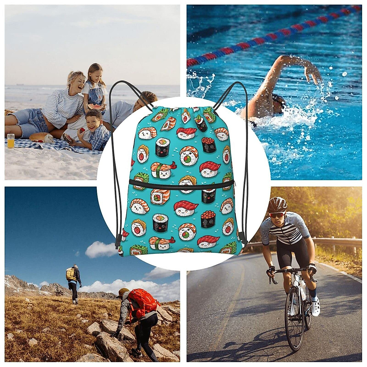 Famame Funny Food Sushi Drawstring Backpack String Bag Sackpack For Gym Shopping Beach Sport Yoga
